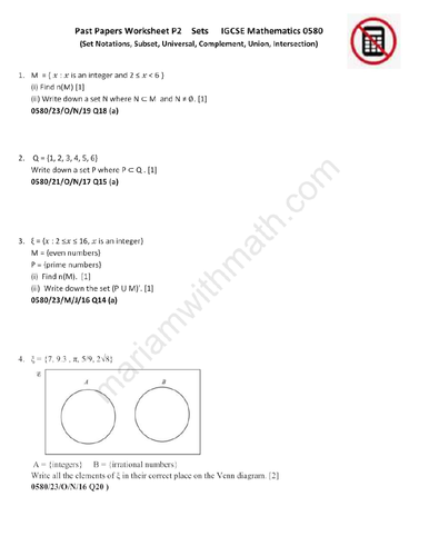 Sets : IGCSE Mathematics 0580 Past Papers Worksheet | Teaching Resources