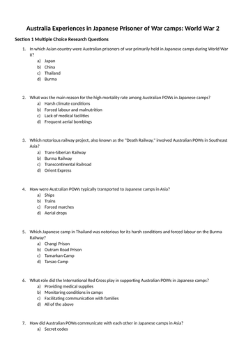 Australia Experiences in Japanese Prisoner of War camps: World War 2 ...