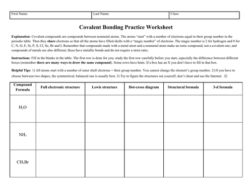 Covalent Bonding Practice Worksheet | Teaching Resources