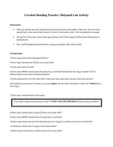 Molymod Lab Activity (Covalent Bonding) | Teaching Resources