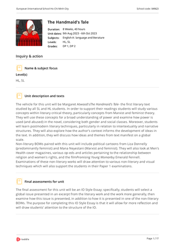 Example Lang Lit DP Unit - Handmaid's Tale | Teaching Resources