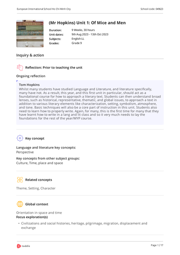 Grade 9 MYP Lang Lit Unit - Of Mice and Men | Teaching Resources