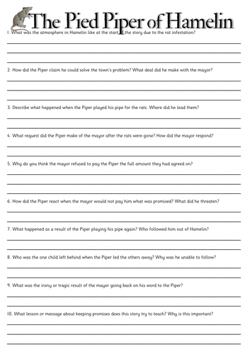Pied Piper of Hamelin Reading Worksheets | Teaching Resources