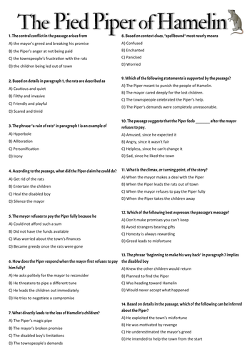 Pied Piper of Hamelin Reading Worksheets | Teaching Resources