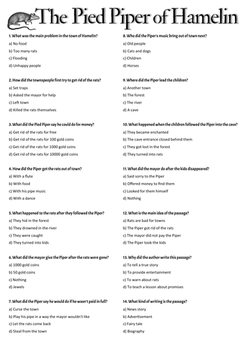 Pied Piper of Hamelin Reading Worksheets | Teaching Resources