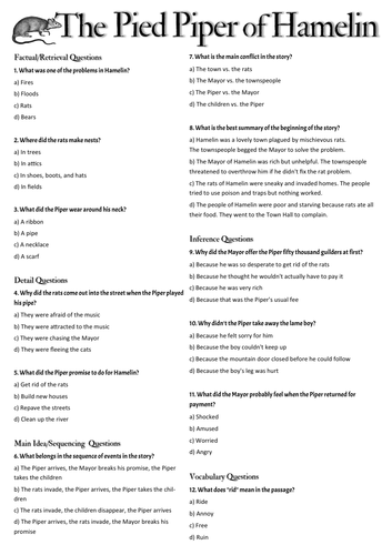 Pied Piper of Hamelin Reading Worksheets | Teaching Resources