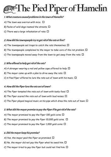 Pied Piper of Hamelin Reading Worksheets | Teaching Resources