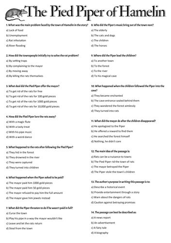 Pied Piper of Hamelin Reading Worksheets | Teaching Resources
