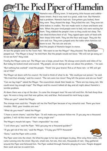 Pied Piper of Hamelin Reading Worksheets | Teaching Resources