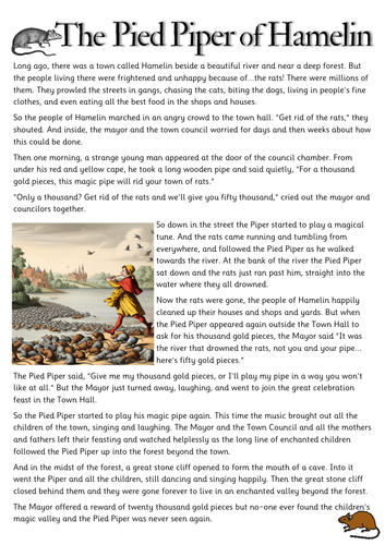 Pied Piper of Hamelin Reading Worksheets | Teaching Resources