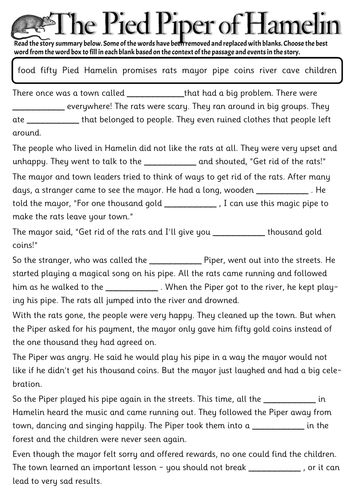Pied Piper of Hamelin Reading Worksheets | Teaching Resources