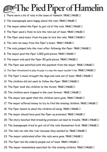 Pied Piper of Hamelin Reading Worksheets | Teaching Resources
