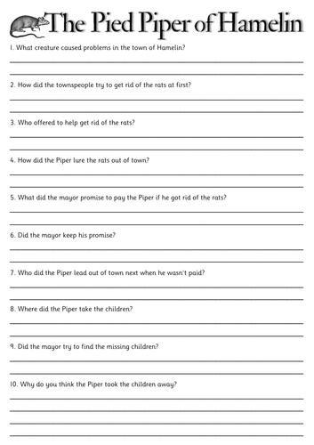 Pied Piper of Hamelin Reading Worksheets | Teaching Resources