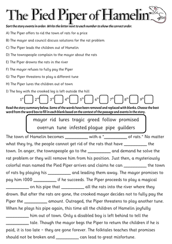 Pied Piper of Hamelin Reading Worksheets | Teaching Resources