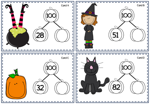 Halloween Maths Number Bond Task Cards for making 100 | Teaching Resources