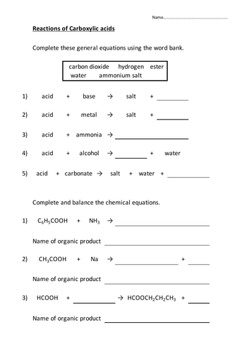 Carboxylic Acids Worksheet - Chemistry A-level | Teaching Resources