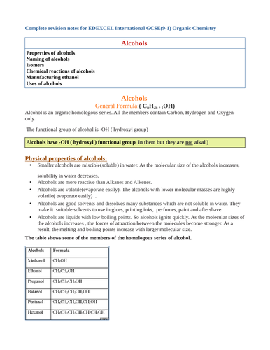 Complete revision notes for EDEXCEL International GCSE (9-1) - Alcohols ...