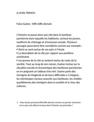 French A Level Revision Notes Kiffe Kiffe Demain: by reference to essay ...