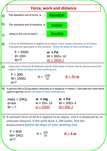 Work, Distance and Force | Teaching Resources