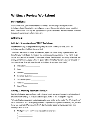 Review Writing Worksheet and Activities | Teaching Resources