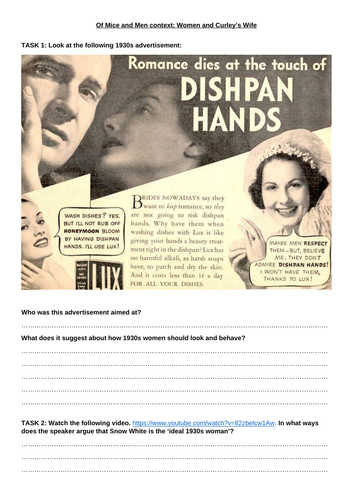 Of Mice and Men Context: Women and Curley's Wife | Teaching Resources