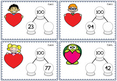 Valentines Maths Number Bond Task Cards for making 100 - Math Center ...