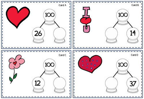 Valentines Maths Number Bond Task Cards for making 100 - Math Center ...