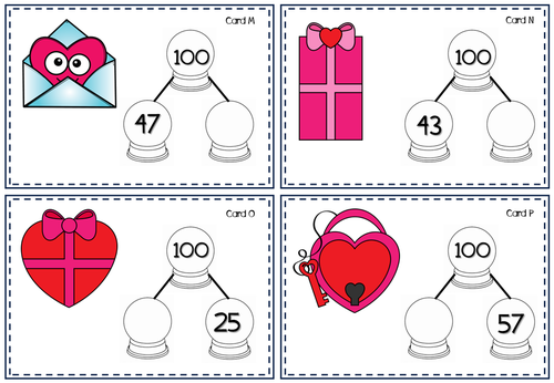 Valentines Maths Number Bond Task Cards for making 100 - Math Center ...