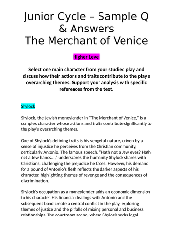 The Merchant of Venice - Junior Cycle Exam Preparation | Teaching Resources