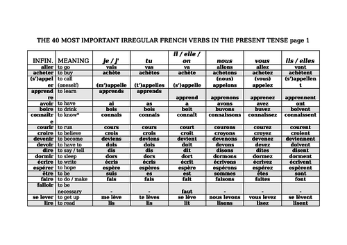 French GCSE, 13+ Common Entrance and Scholarship resource: 40 IRREGULAR ...