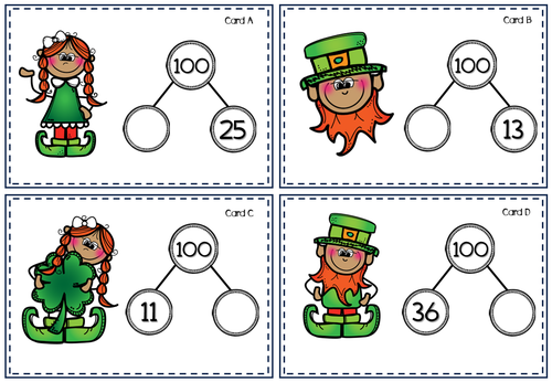 St Patrick's Day - Maths Number Bond Task Cards for making 100 - Math ...