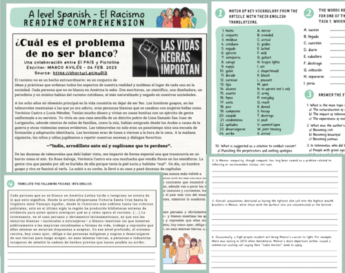 Racism reading & exam-style activities - A level Spanish -'¿Cuál es el ...