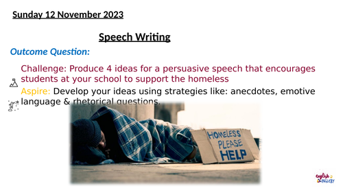 KS3 Homeless speech writing lesson | Teaching Resources