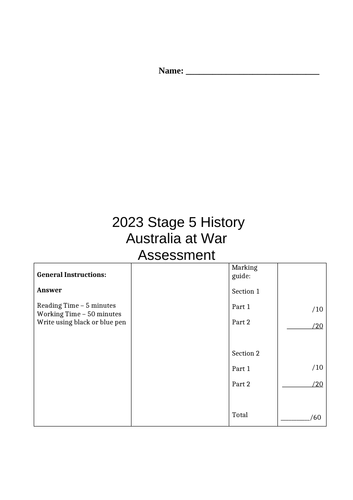 2023 Stage 5 History Australia at War Assessment | Teaching Resources