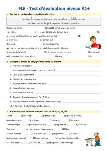 [French test] FFL, FLE A1+ Evaluation test | Teaching Resources