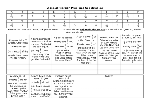 Worded Fractions Problems Codebreaker Teaching Resources