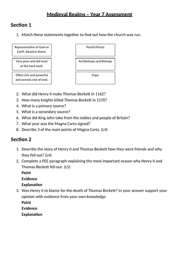 Medieval Realms Assessment | Teaching Resources