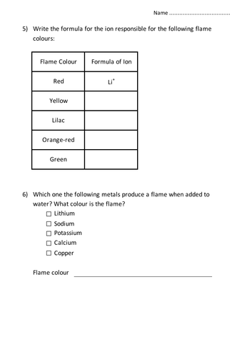 Flame Tests Worksheet - Chemistry GCSE | Teaching Resources