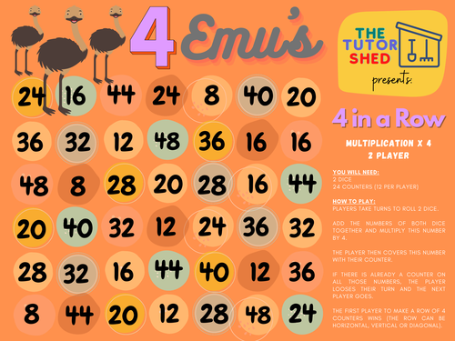 The Tutor Shed Presents - 4 Emus 4 in a Row - 4 Times Tables Board Game ...