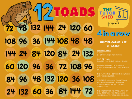 The Tutor Shed Presents - 12 Toads 4 in a Row - 12 Times Tables Board ...