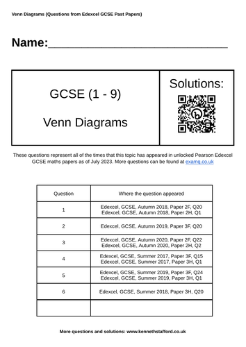 Venn Diagrams. GCSE Maths Past Paper Questions. | Teaching Resources