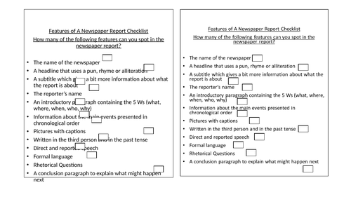 newspaper checklist | Teaching Resources