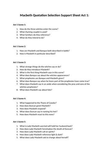 Macbeth Act 1 Quote Selection - Flashcard Support | Teaching Resources