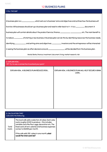 1.2 BUSINESS PLANNING - TOPIC RECAP WORKSHEET | Teaching Resources