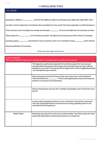 1.4 AIMS & OBJECTIVES- TOPIC RECAP WORKSHEET | Teaching Resources