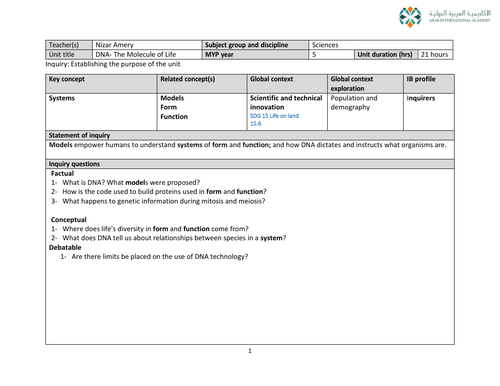 MYP5 DNA-The Molecule of Life unit plan | Teaching Resources