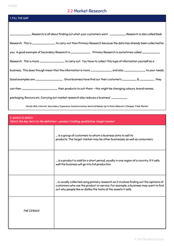 2.2 MARKET RESEARCH - TOPIC RECAP WORKSHEET | Teaching Resources