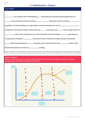 2.4 MARKETING MIX - PRODUCT - TOPIC RECAP WORKSHEET | Teaching Resources