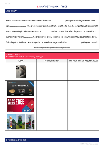 2.4 MARKETING MIX - PRICE - TOPIC RECAP WORKSHEET | Teaching Resources