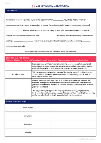 2.4 MARKETING MIX - PROMOTION - TOPIC RECAP WORKSHEET | Teaching Resources